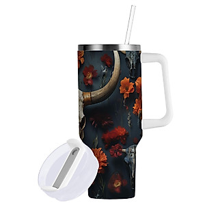 ARGTILDN 40 oz Tumbler Bull Skull Orange Flowers Insulated Travel Mug with Handle and Straw Lid Stainless Steel Vacuum Coffee Cup Tea Beverage Container Water Bottles for Car Sports office