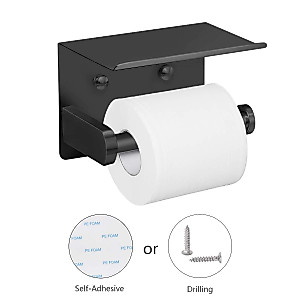 VAEHOLD Self Adhesive Toilet Paper Holder with Phone Shelf Stainless Steel Wall Mounted Toilet Paper Roll Holder - Rustproof and Bathroom Washroom Tissue Roll Holder with Shelf - Black