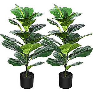 CROSOFMI Artificial Fiddle Leaf Fig Tree 35 Inch Fake Ficus Lyrata Plant with 28 Leaves Faux Plants in Pot for Indoor Outdoor House Home Office Garden Modern Decoration Perfect Housewarming Gift，2Pack