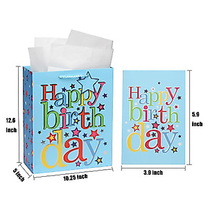 Fu HeaLer 13 Inches Blue Birthday Gift Bag Set, with Card & Tissue Paper,Perfect Party Favor for Any Celebration (1 Pack)