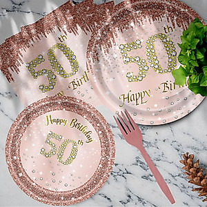 50th Birthday Decorations for Women, 96PCS 50th Birthday Plates and Napkins Rose Gold Plates Party Supplies Happy 50th Birthday Party Decorations for Women 50th Birthday Party Decorations Serves 24