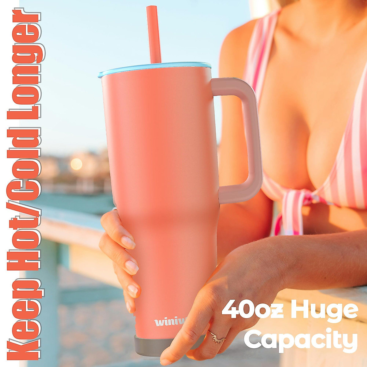 winiwo 40 oz Tumbler with Handle and Straw for Her, Flexible Straw, Insulated Tumbler Cups with Silicone Bottom, Keeps Beverages Cold Up to 24 Hours, Gym/Work/Travel/School/Gift（Christmas Red）