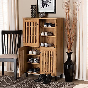 BOWERY HILL Modern Oak Brown Finished Wood 4-Door Shoe Storage Cabinet
