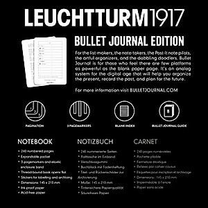LEUCHTTURM1917 - Official Bullet Journal - Medium A5 - Hardcover Dotted Notebook (Black) - 240 Numbered Pages