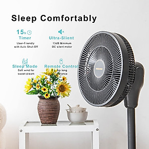 Standing Fan for Patios Home, 360 Degree Oscillating Rechargeable Pedestal Fan with Remote, 37-Inch Tall Cordless Whole House Style Portable Fan, Quiet,15000mAh Battery, 15 Speed Levels&Timer, Gray