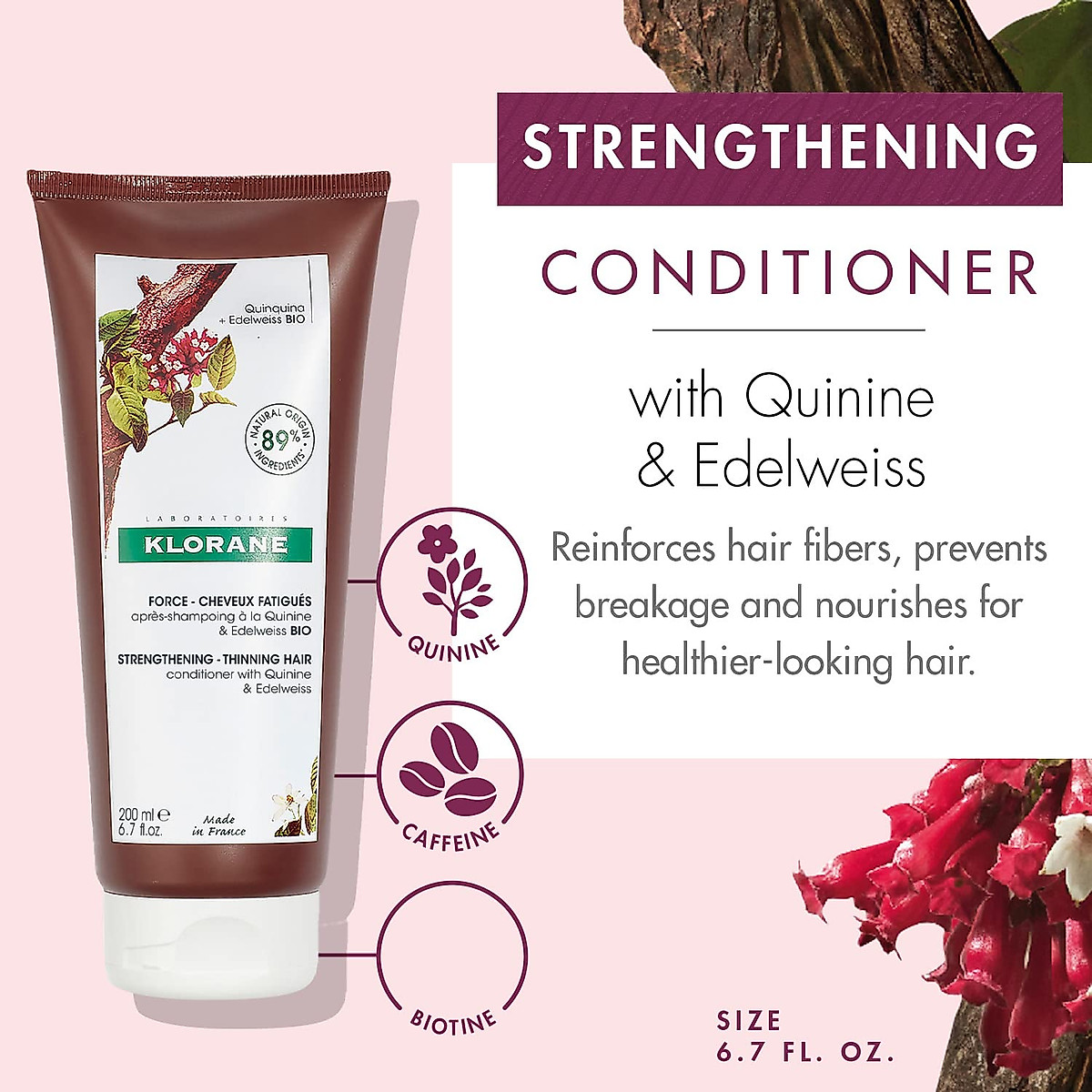 Klorane Strengthening Conditioner with Quinine and Edelweiss for Thinning Hair, Supports Thicker, Stronger, Healthier Hair, For Men and Women, Paraben, Silicone and Sulfate Free