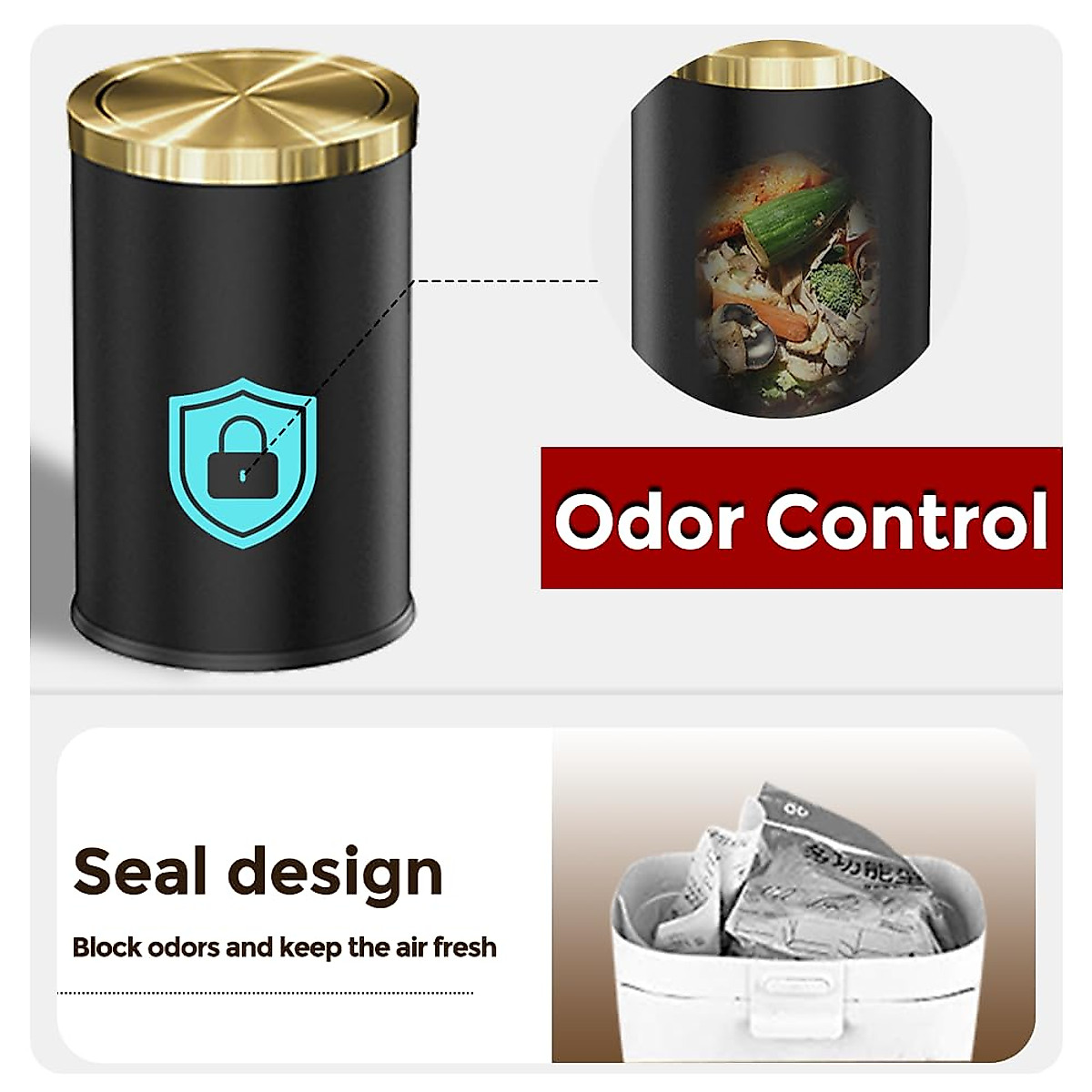 LEASYLIFE 9L/2.4GAL Black and Gold Trash Can for Bathroom,Small Trash Can with Flipping Lid,Garbage cans for Bathroom, Hotel,Office,Lundry,Powder Room, Metallic Gold (ＢＬＡＣＫ)