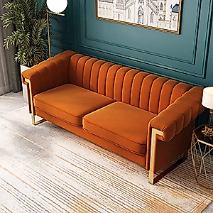 ANTTYBALE 83'' Orange Velvet Couch Sofa Mid-Century Modern Love Seat Chesterfield 3 Seat Couches Sofa for Living Room Apartment (Orange)