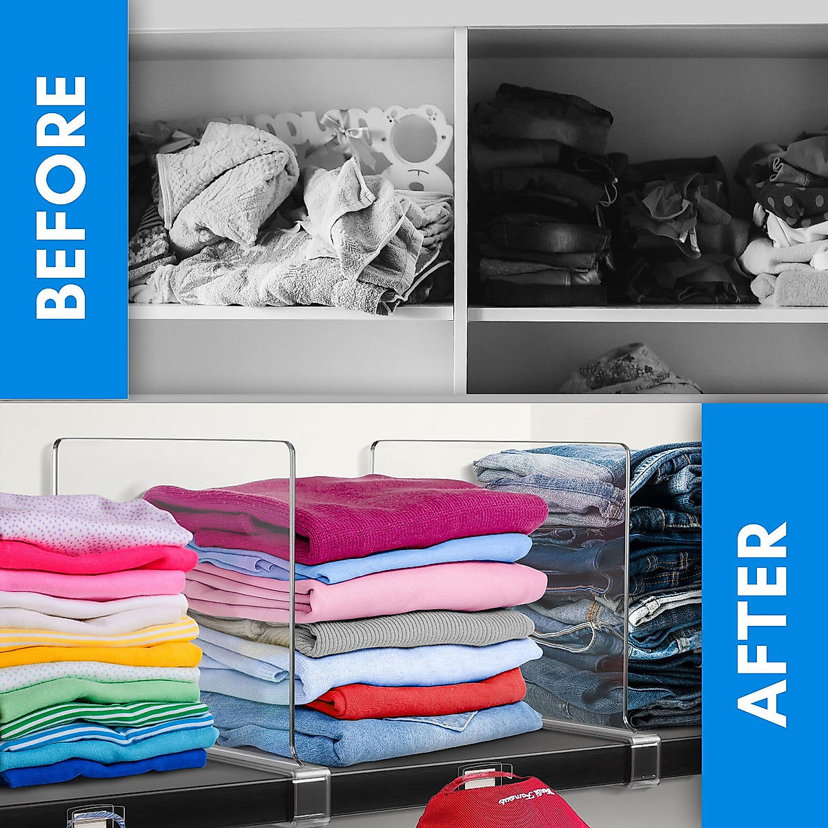 VooValley 4Pcs Clear Acrylic Shelf Dividers for Closets, Vertical Shelves - Sturdy Closet Shelf Organizer with 4 Hooks and Tape - Easy to Install Tall Shelf Separators for Bathroom, Pantry, and More