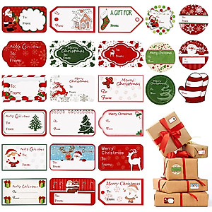Amosfun Christmas Self Adhesive Gift Tag Stickers Santa Snowmen Xmas Tree Deer Christmas Festival Birthday Wedding Holiday Decorative Presents Labels Decals Christmas Gift for friends 144 pack