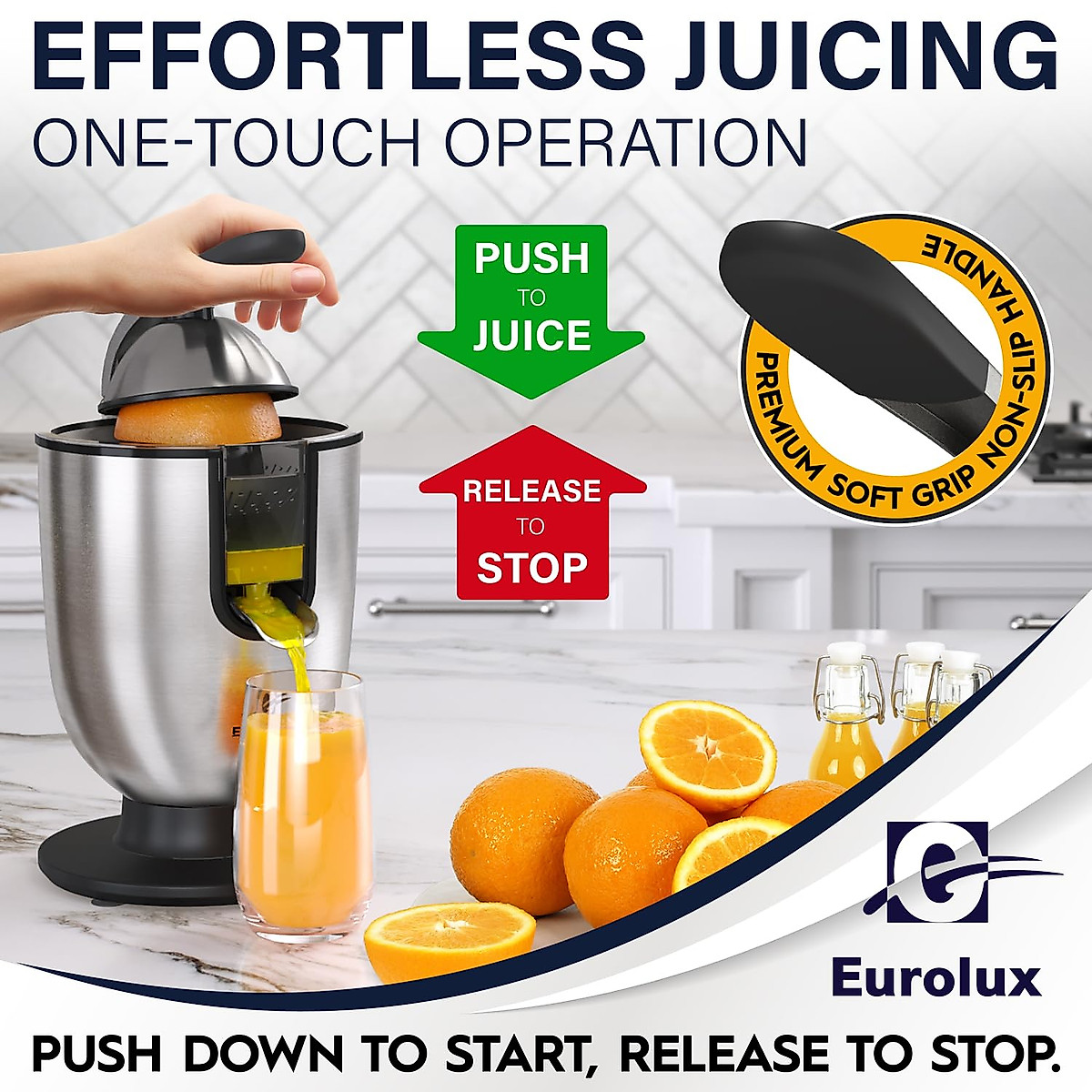 Eurolux Electric Citrus Juicer Squeezer, for Orange, Lemon, Grapefruit, Stainless Steel 160 Watts of Power Soft Grip Handle and Cone Lid for Easy Use (ELCJ-1700S)