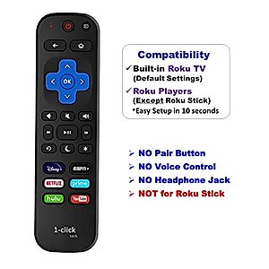 1-clicktech for【Roku TV & Roku Box】 Remote Control - TCL Hisense ONN Sanyo Sharp Hitachi Element Insignia Westinghouse LG JVC Magnavox Roku TV, w/ 12 Opt. Channels [NOT for Stick] (2 Pack Remote)