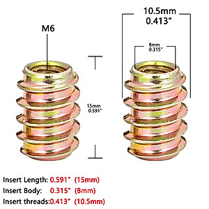 PGMJ 80 Pcs M6 Wood Nut Inserts - Metal Headless Hex Socket Drive Threaded Inserts Screws Assortment, Metric Bolt Fastener Connector for Wood Working Tools and Accessories (M6x15mm-H)