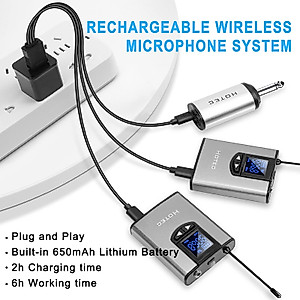 Hotec Wireless System with Dual Headset Microphones/Lavalier Lapel Mics and Bodypack Transmitters and One Mini Rechargeable Receiver 1/4" Output, for Live Performances