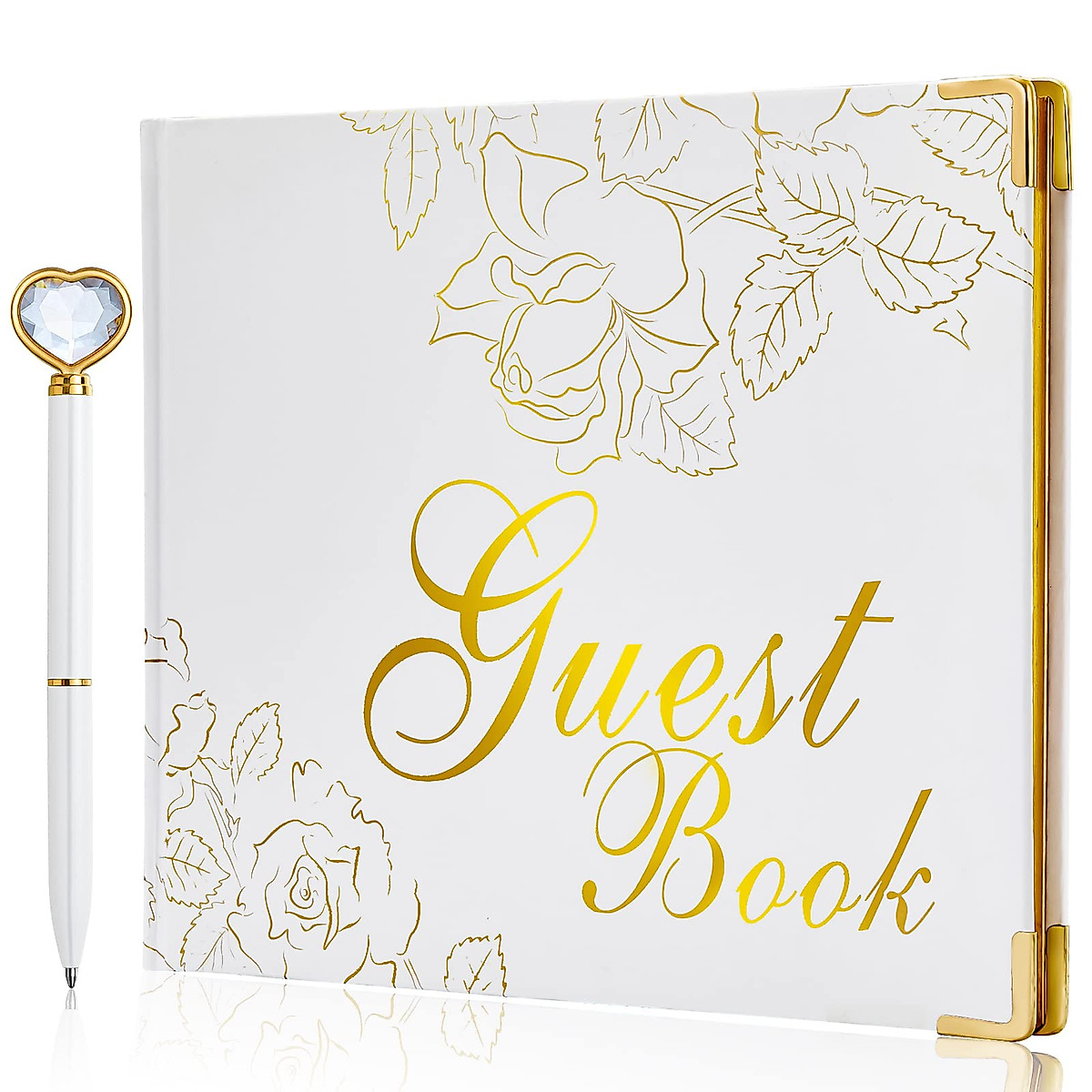 JEWPHX Guest Book with Pen– 9"x7" Hardcover 120 Page/60 Sheets-Gold Foil Gilded Edgesfor Guests to Sign at a Wedding, Party, Baby or Bridal Shower(White)