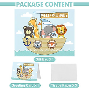 13" Large Baby Gift Bag with Card and Tissue Paper for Baby Shower,Kids Birthday (Animal)