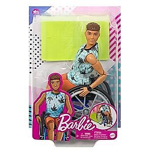 Barbie Ken Fashionistas Doll #195 with Wheelchair and Ramp Wearing Beach Shirt, Orange Shorts and Accessories