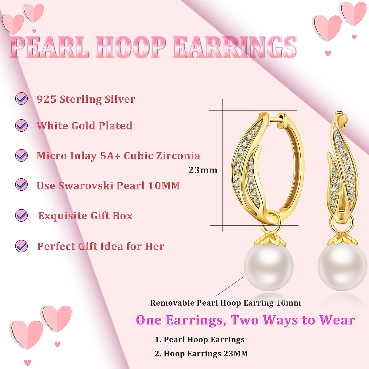 Pearl Hoop Earring Pearl Diamond Earrings Pearl Dangle Earrings Sterling Silver Pearl Earrings for Women Wedding Pearl Earring Huggies Large Gold Pearl Dangling Earring with Pearl 10MM
