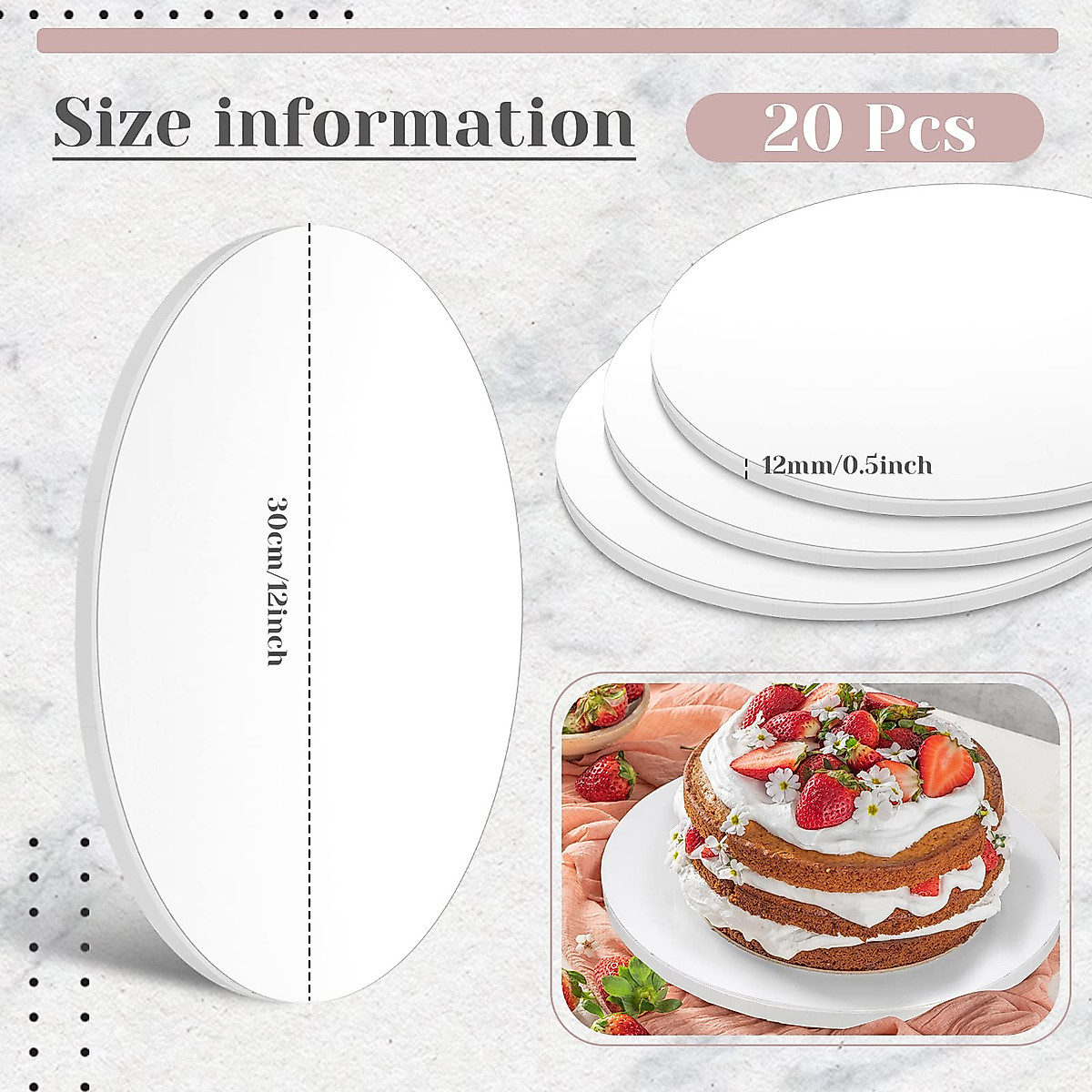 20 Pcs 12 Inch Round Cake Drums White Cakeboard 1/2 Inch Thick Circle Cake Boards Cake Base for Wedding Birthday Party Multi Tiered Cakes