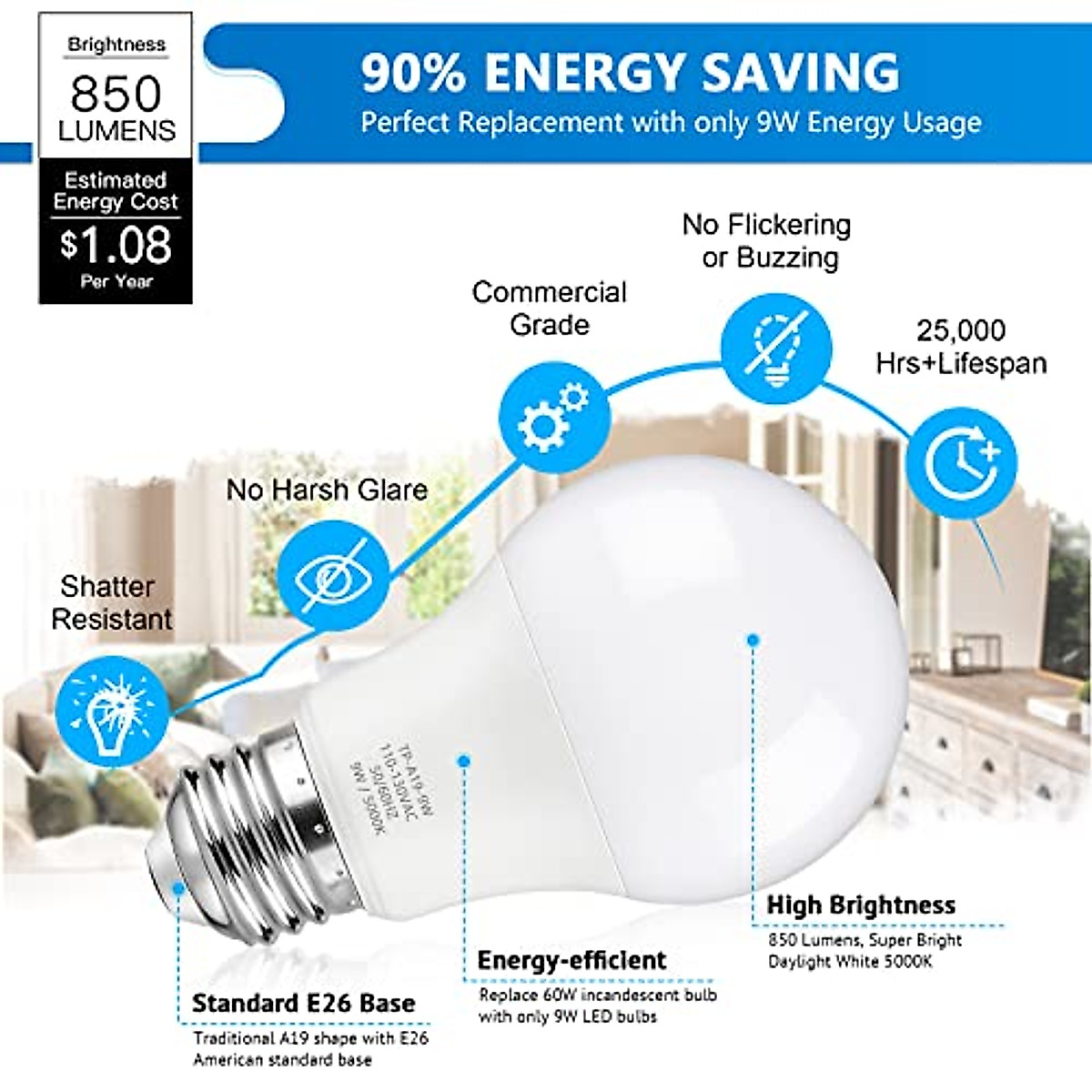Maylaywood A19 LED Light Bulbs, 60 Watt Equivalent LED Bulbs, Daylight White 5000K, 850 Lumens, E26 Standard Base, Non-Dimmable, 9W Bright White LED Bulbs for Living Room Bedroom Home Office, 4-Pack