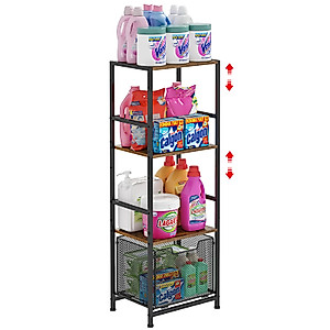 Jakyitvi 4-Tier Laundry Room Shelves with Storage Drawer, Adjustable-Shelf Storage Rack, Metal and Wood Industrial Unit Rack, Floor Standing Shelf for Narrow Space