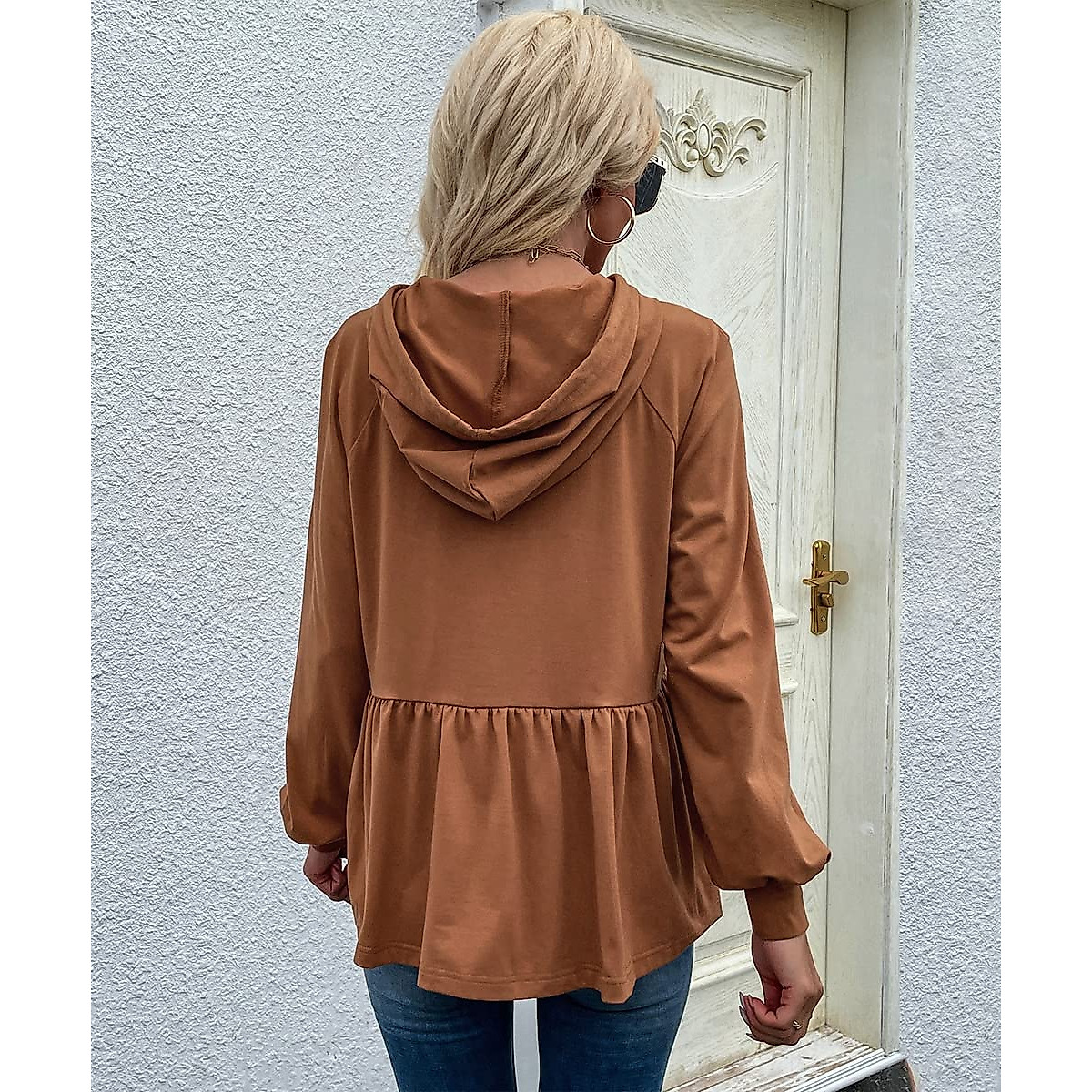 YOXUA Womens Casual Hoodies Peplum Tops, Long Sleeve Lightweight Drawstring Sweatshirt Jacket Pullover Shirts Blouse Coffee
