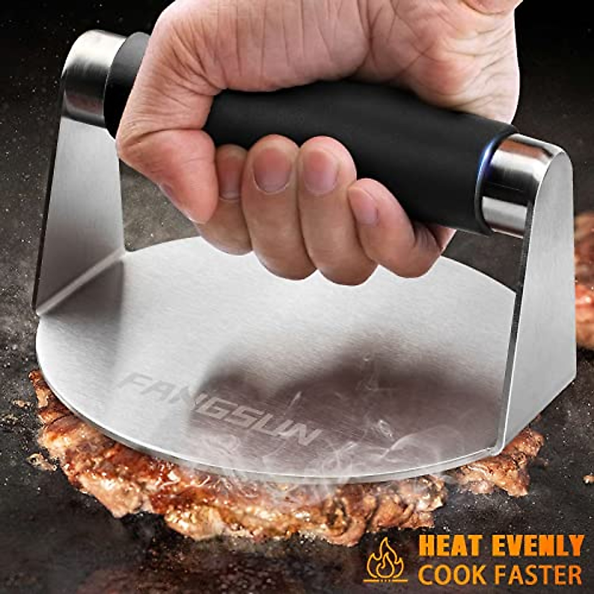 FANGSUN Burger Press with Anti-Scald Handle, 5.8 Inch Stainless Steel Burger Smasher, Round Non-Stick Hamburger Press for Griddle, Griddle Accessories Kit for Flat Grill Cooking, Gift Package