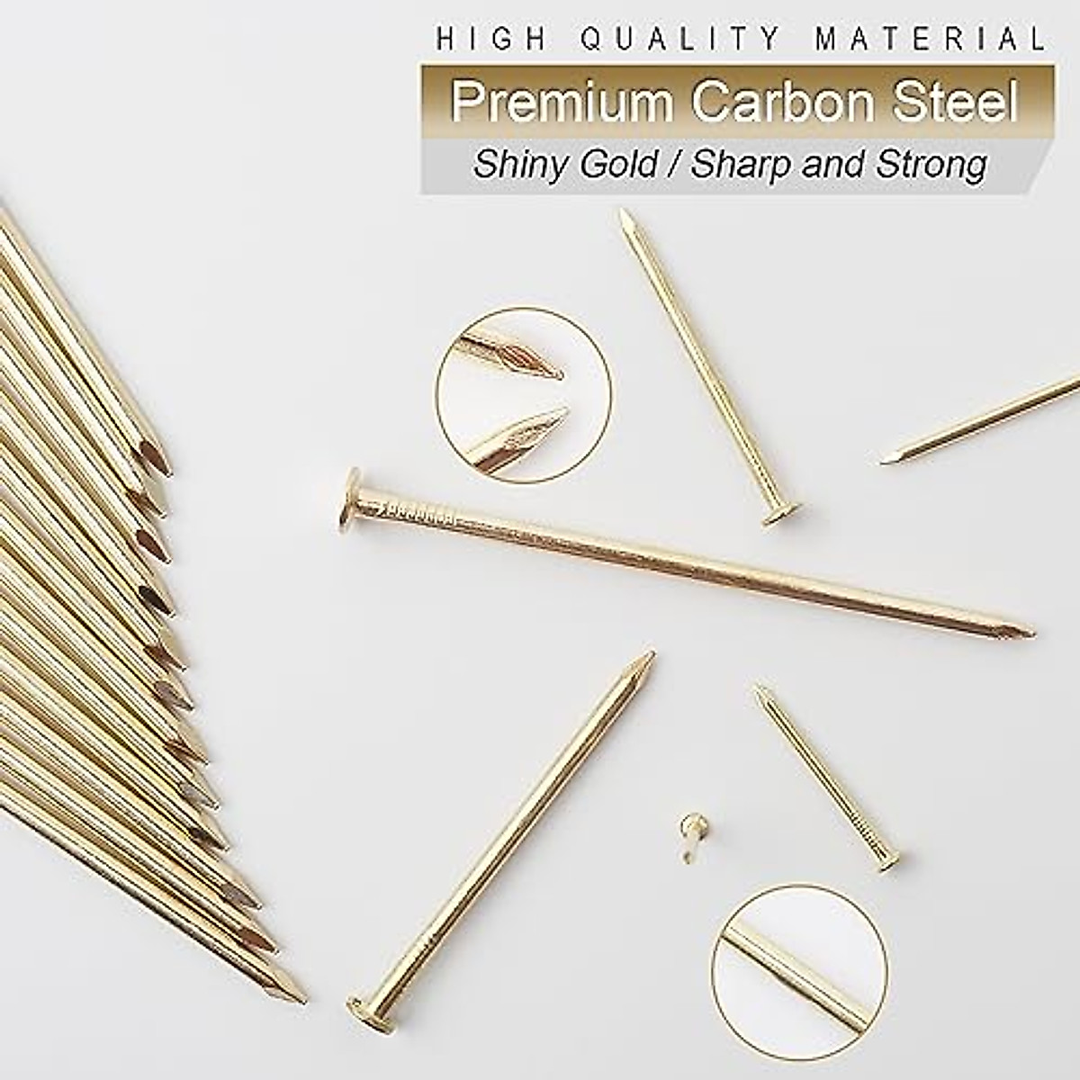 6 Sizes Gold Hardware Nails Assortment Kit, 358pcs, Brass Plated, Nails for Hanging Pictures, Finishing Nails, Wood Nails, Wall Nails for Hanging (3”, 2”, 1-1/2”, 1-1/4", 1”, 3/4")