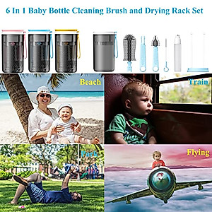 Baby Bottle Brush&Travel Baby Bottle Drying Rack-Portable Baby Bottle Cleaning Silicone Brush, Bottle Cleaner Brush Kit,Toddler Kids Water Bottle Brush Set,New Mom Gifts for Women After Birth (Blue)