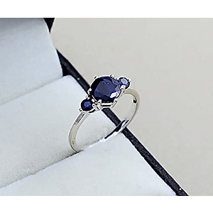 Three Stone Natural Blue Sapphire 7 MM Round Cut 925 Sterling Silver September Birthstone Cluster Unisex Proposal Ring Girlfriend Gift For Valentine Day (Rhodium Plated Silver, 6)