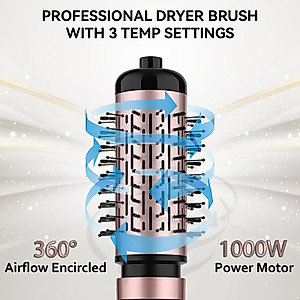 ANWA Hair Dryer Brush, 1000W 3-in-1 Rotating Blow Dryer with Detachable Brushes, Ceramic Coated Barrel for Salon-Quality Styling, Suitable for All Hair Types