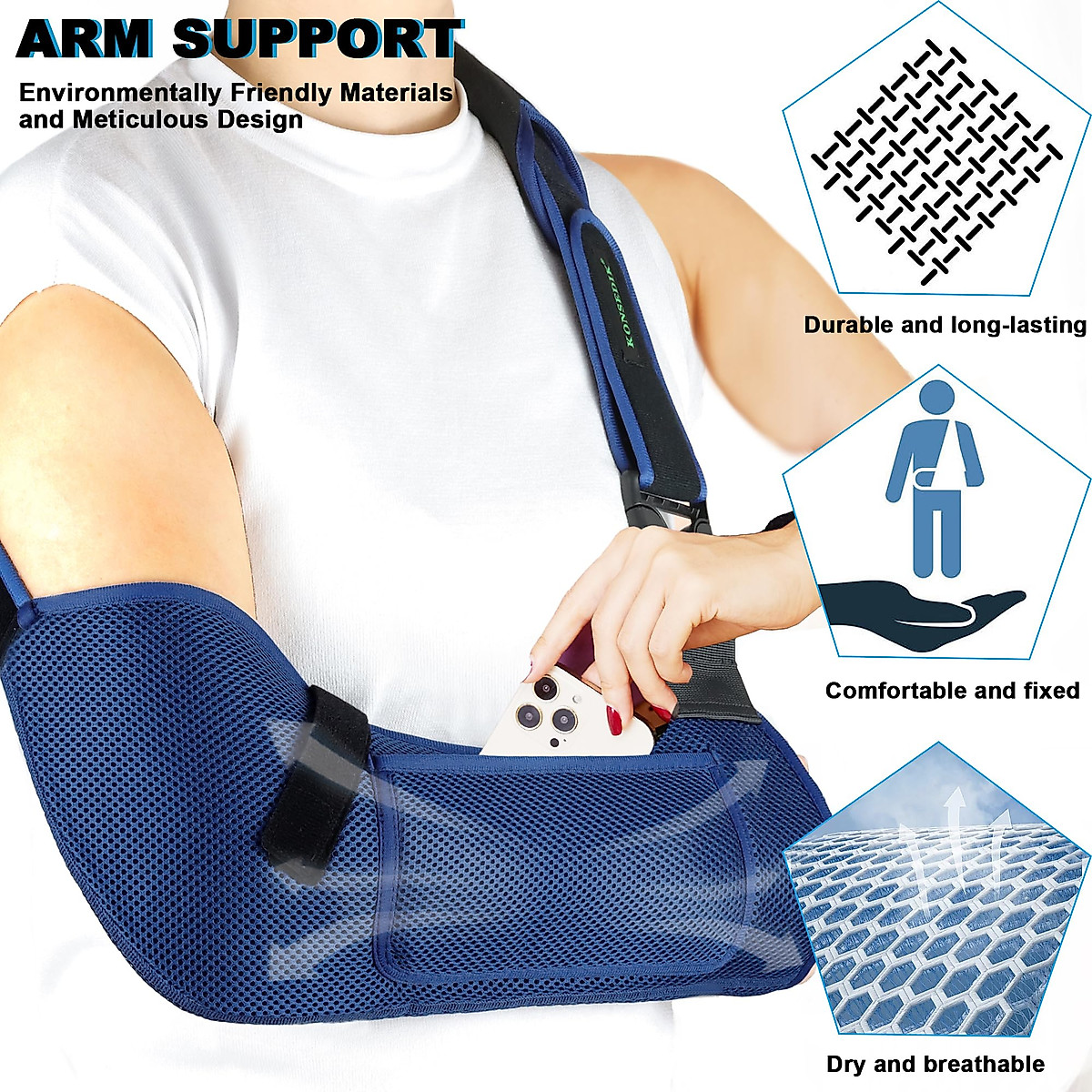 KONSEDIK Arm Shoulder Sling,Breathable Medical Sling with Shoulder Pad,support for Women and Men Rotator Cuff Injury,Left or Right Arm,Elbow,Clavicle Fracture Post-Surgery(Blue, Medium)