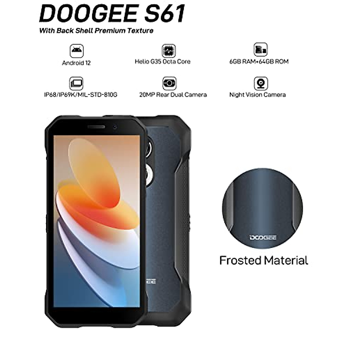 DOOGEE Android 12 Rugged Smartphone - 2022 S61 Rugged Phone - 20MP Night Vision Camera - 6GB+64GB - IP68 Waterproof Unlocked Cell Phone Outdoor- 5180mAh Battery - 6.0" IPS HD- Dual SIM 4G (Frosted)