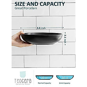 Teocera Pasta Bowls, Large Salad Bowls, Porcelain Bowl Set, Wide and Shallow, Microwave and Dishwasher Safe, 35 Ounce - Set of 4, Matte Black