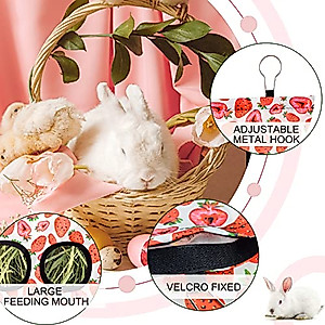2 Pieces Rabbit Hay Feeder Bag, Guinea Pig Hay Feeder Storage Bunny Hay Bag Hanging Feeder Bag for Rabbits with 3 Holes Large Capacity for Small Animal (Strawberry+Avocado)