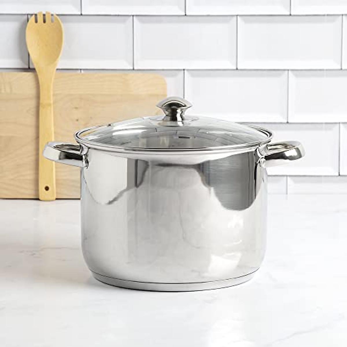 Ecolution Stainless Steel Stock Pot with Encapsulated Bottom Matching Tempered Glass Steam Vented Lids, Made Without PFOA, Dishwasher Safe, 8-Quart, Silver