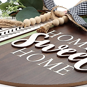 3D Welcome Front Door Wreath Porch Decor, Wooden Home Sweet Home Boho Outdoor Sign Hanging, Farmhouse Aztec Wall Sign Hanger with Artificial Leaves&Rustic Beads
