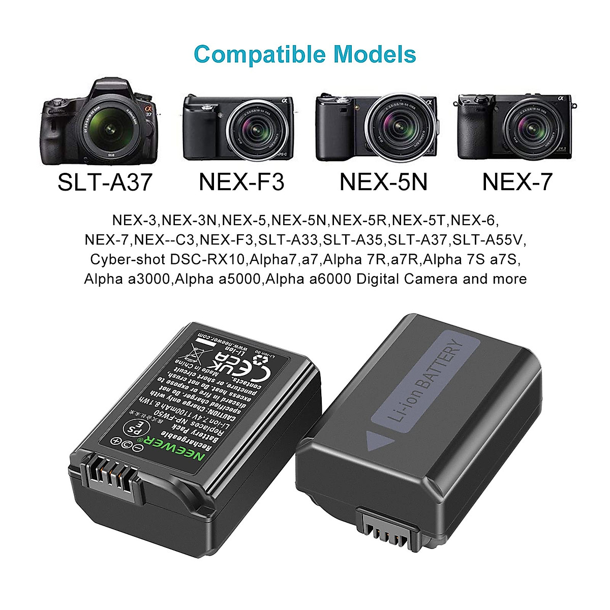 Neewer NP-FW50 Camera Battery Charger with Battery Case Compatible with Sony ZV-E10,A7,A7R,A7RII,A7II,A7SII,A7S,a6300,a6400,a6500,RX10 Series (Pack of 2,Micro USB Port,1100mAh)