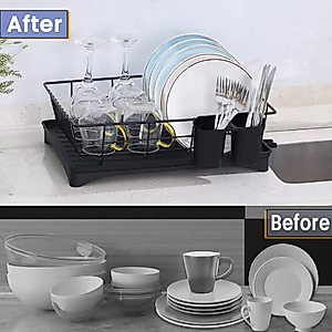 Demeliy Dish Drying Rack, Dish Rack with Drainboard & Utensil Holder, 360°Automatic Water Oulet Dish Racks Drainers for Kitchen Organization, Kitchen Counter, Durable Drying Rack for Dishes, Knives