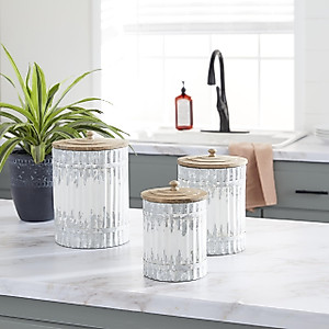 Deco 79 Metal Living Room Decorative Jars Distressed Decorative Container with Wood Lids, Set of 3 Jar with Lid 12", 10", 8"H, White