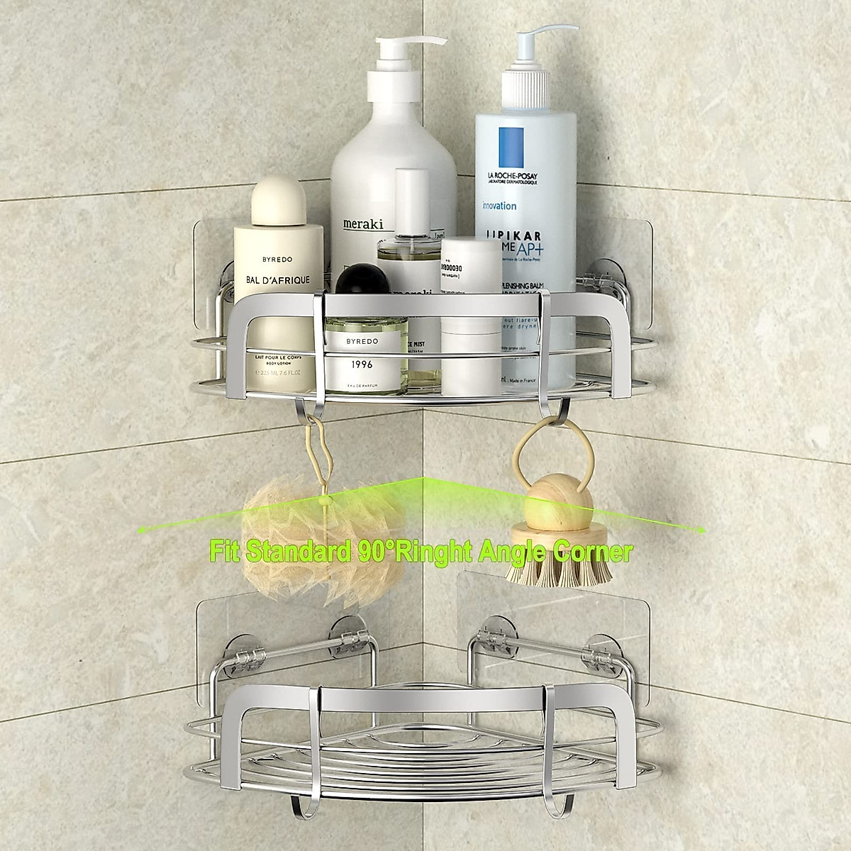 STEUGO Shower Caddy Corner, Bathroom Corner Shower Shelfs, Adhesive Wall Mounted Shower Caddy with 4 Movable Hooks, SUS304 Stainless Steel Bath Storage Shower Organizers, 2 Pack