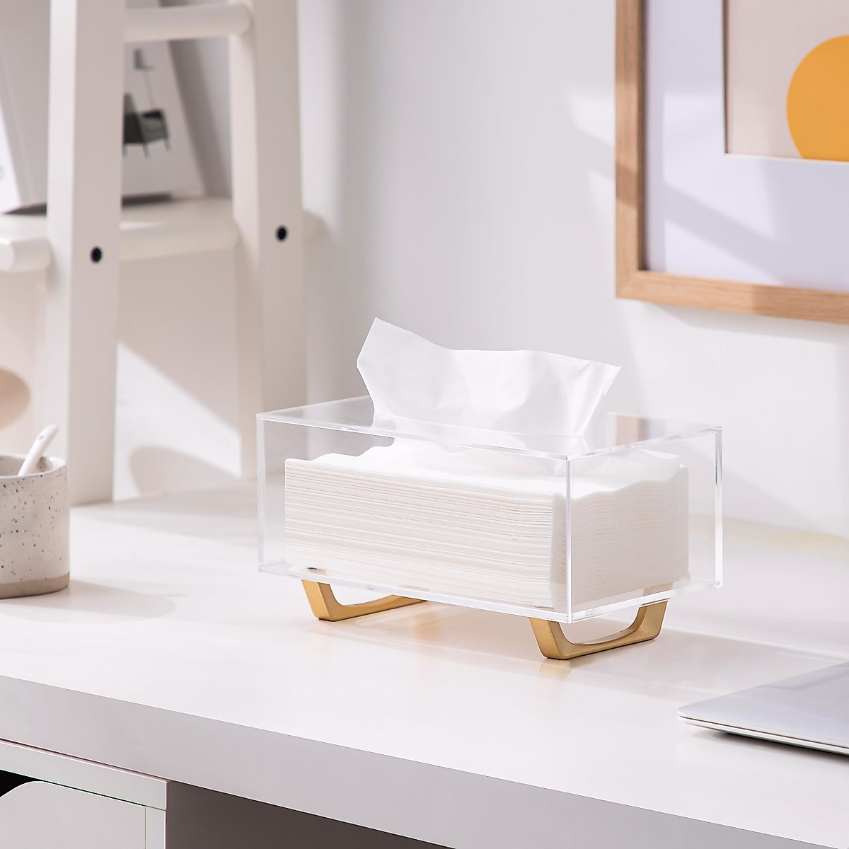 HBlife Clear Tissue Box Cover Rectangle Acrylic Tissue Box Holder with Gold Plated Legs Napkin Dispenser Dryer Sheet Container for Bathroom