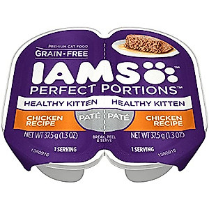 IAMS PERFECT PORTIONS Healthy Kitten Grain Free* Wet Cat Food Paté, Chicken Recipe,2.6 oz (Pack of 24). Easy Peel Twin-Pack Trays