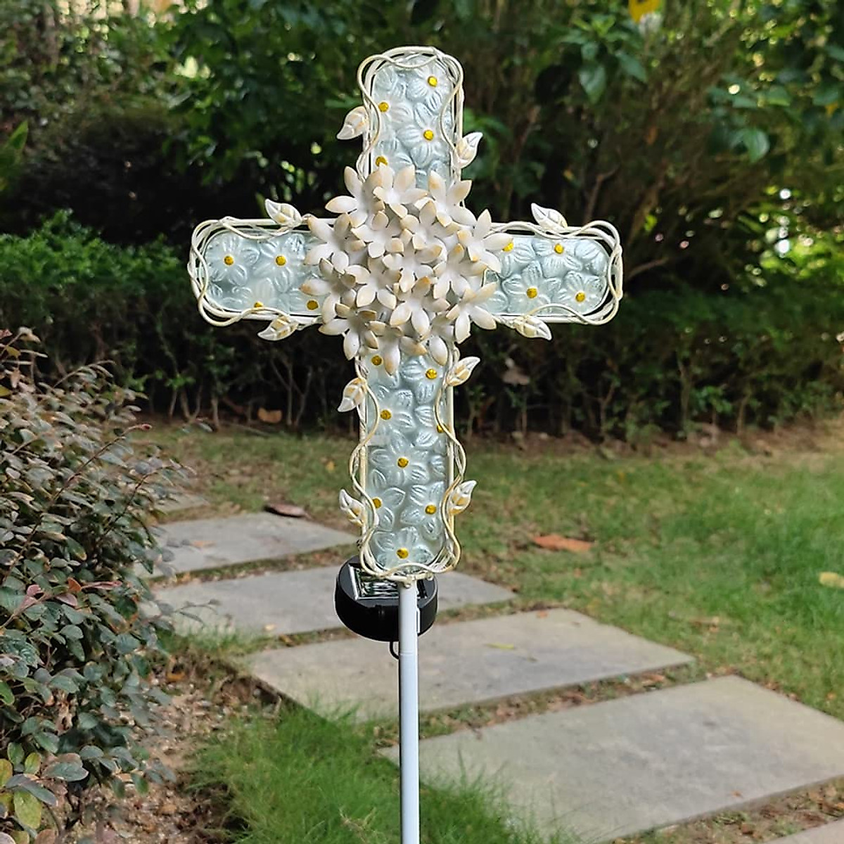 COOZZYHOUR 38Inch Cross Solar Garden Lights Outdoor Decorative - Solar Metal&Glass Cross White Hydrangea Flower Stake Lights- Waterproof 20 Warm White LED for Remembrance Gifts & Sympathy Gifts.