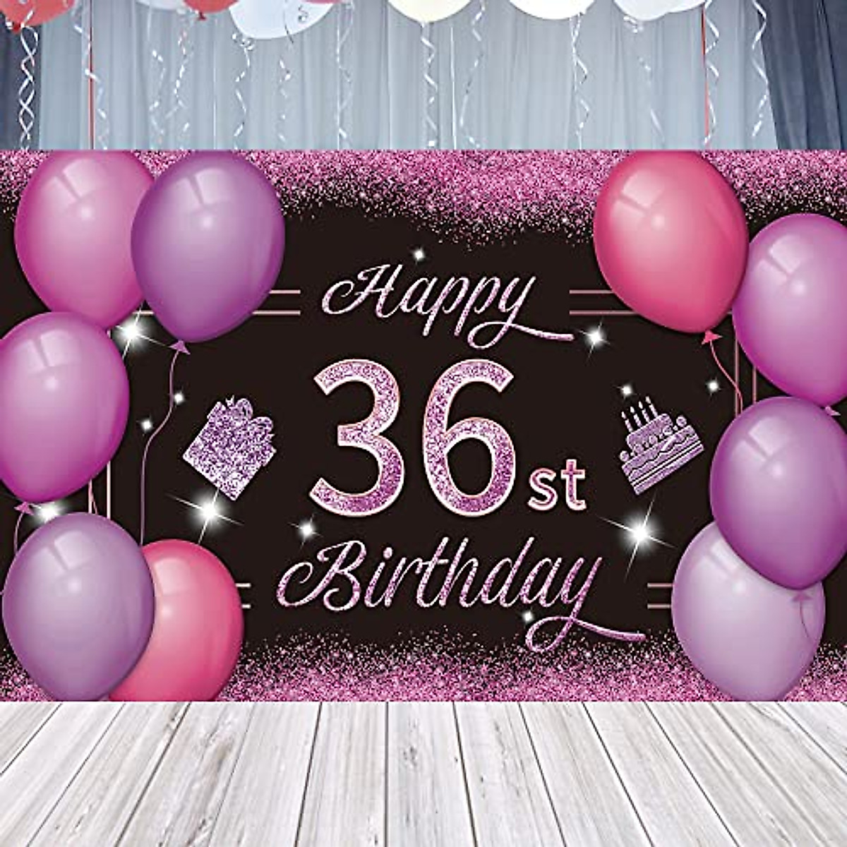 Happy 36st Birthday Backdrop Banner Pink Purple 36th Sign Poster 36 Birthday Party Supplies for Anniversary Photo Booth Photography Background Birthday Party Decorations, 72.8 x 43.3 Inch
