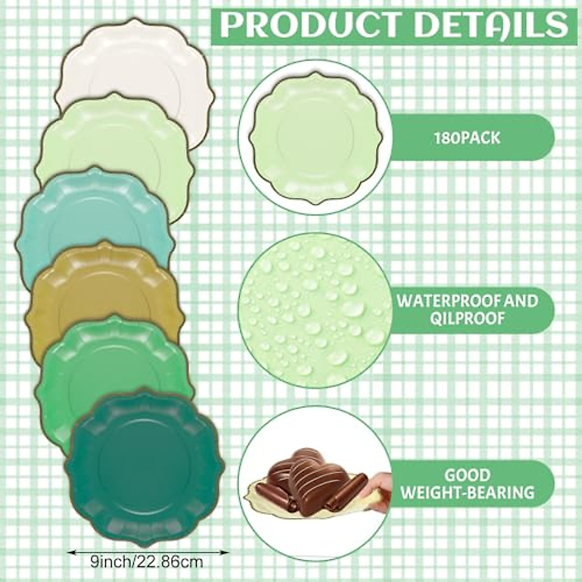 Suttmin 180 Pcs Pastel Paper Plates Gold Foil Scalloped Edging Disposable Paper Plates 9 Inch Dessert Plates Pastel Colors Dinner Plates for Wedding Birthday Baby Shower Bridal Shower (Green Series)