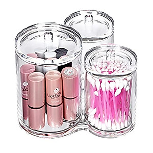 Ymeibe Clear Acrylic Cotton Swab Holder with Lid Q-tip Organize Case for Make Up Brush Round Bathroom Counter Organizer (3 Connected Towers)