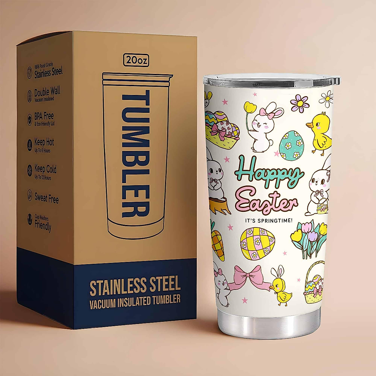 WIPI Happy Easter Coffee Cups, Easter Christian Gifts for Women Men Kids and Adults, Stainless Steel Spring Tumbler 20 Oz, Spring Coffee Mugs, Bunny Tumbler for Birthday and Holiday