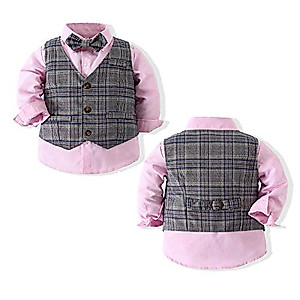 Boys 3Pcs Clothing Sets Long Sleeve Bowtie Shirts +Vest +Pants Casual Suit (Pink, 5_Years)