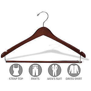 The Great American Hanger Company Curved Wood Suit Hanger w/Locking Bar, Box of 25 17 Inch Hangers w/Walnut Finish & Chrome Swivel Hook & Notches for Shirt Dress or Pants